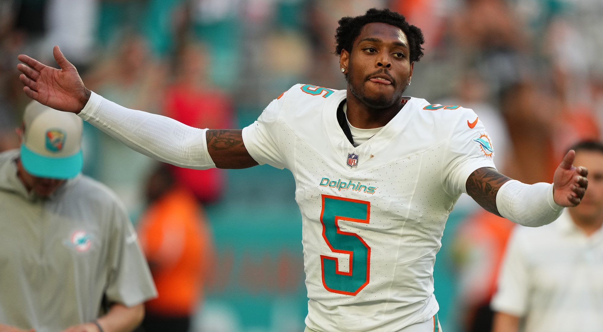Nov 19, 2023; Miami Gardens, Florida, USA; Miami Dolphins cornerback Jalen Ramsey (5) celebrates after his interception against the Las Vegas Raiders during the second half at Hard Rock Stadium. Mandatory Credit: Jasen Vinlove-USA TODAY Sports