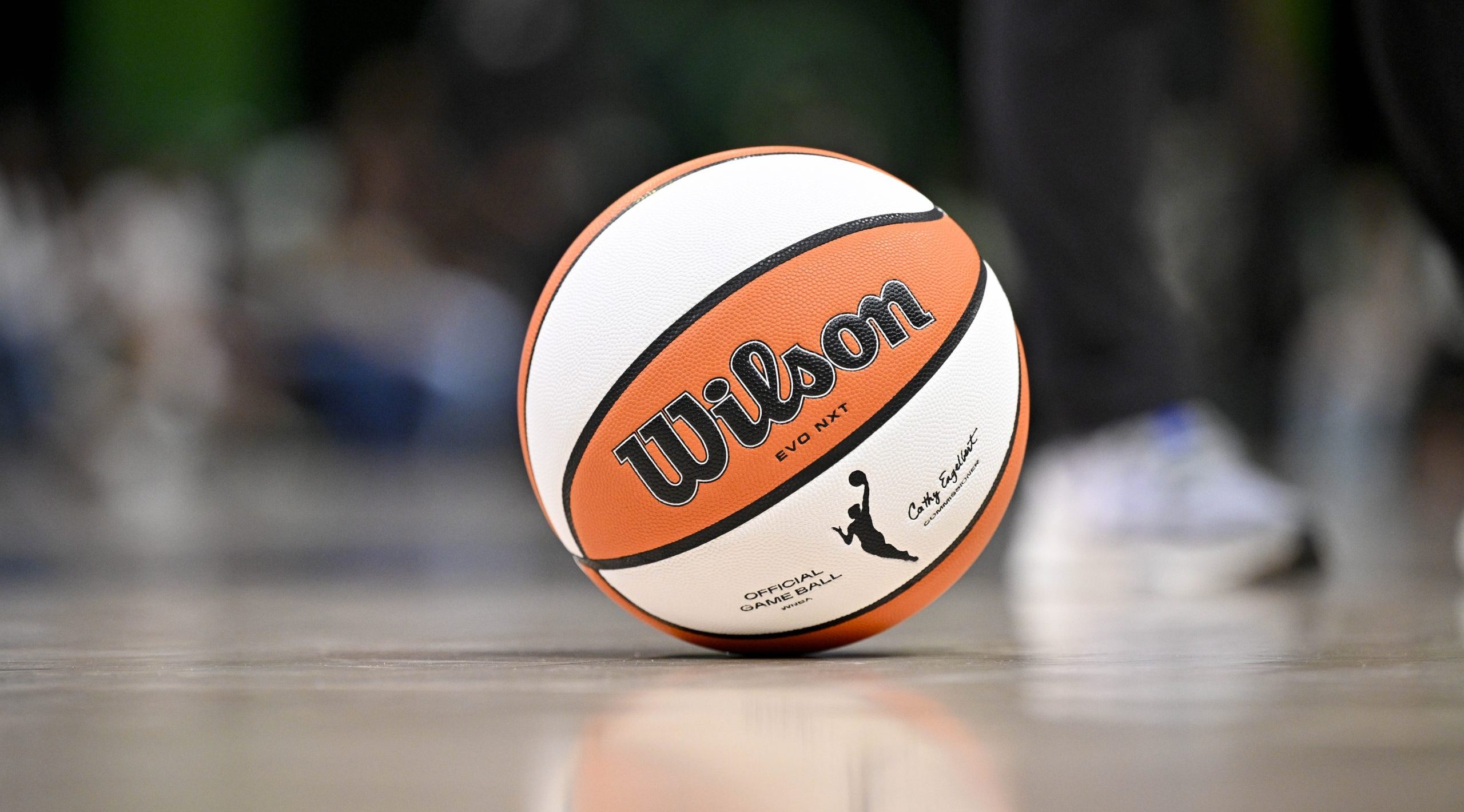 Jun 28, 2025; Arlington, Texas, USA; A view of a Wilson WNBA basketball during the game between the Dallas Wings and the Washington Mystics at College Park Center. Mandatory Credit: Jerome Miron-Imagn Images